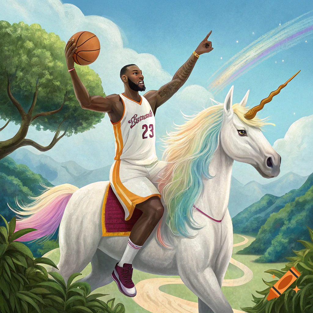 Illustration of Lebron James riding a unicorn through a valley with a ...