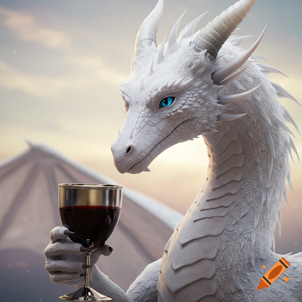 White moon dragon with a silver goblet of wine on Craiyon