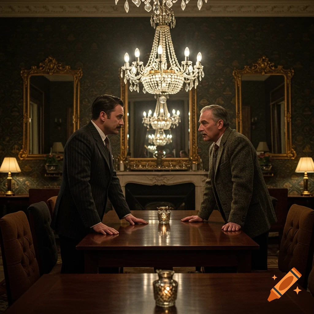 Two men in suits talk across a dining table in a richly decorated room ...