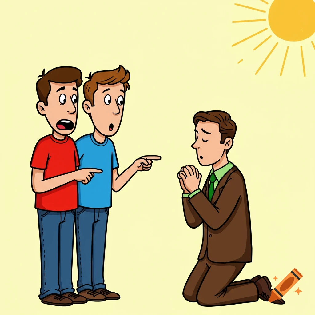 Cartoon of two men pointing at praying man on Craiyon