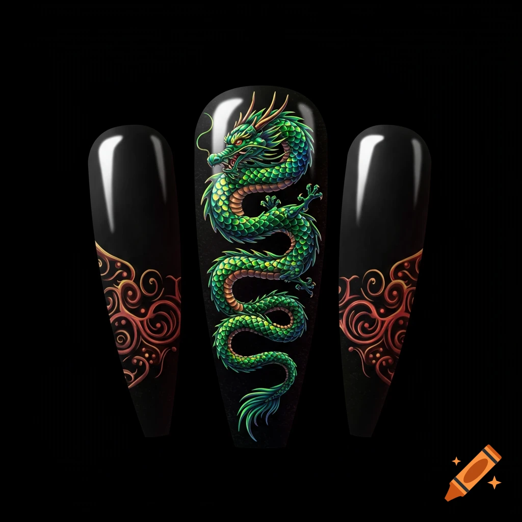 Six dark green gel nails adorned with silver and gold snake designs ...