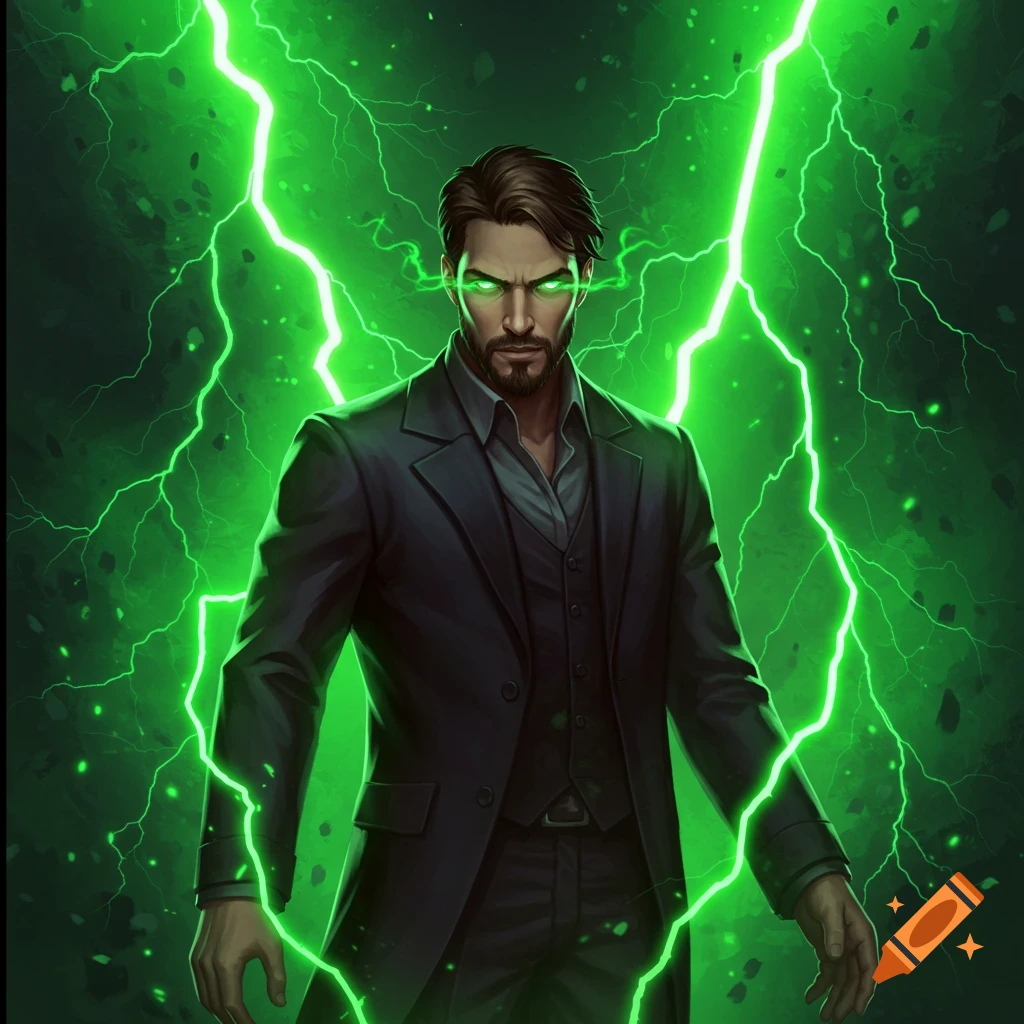 A man in a suit with glowing green eyes and green lightning in the ...