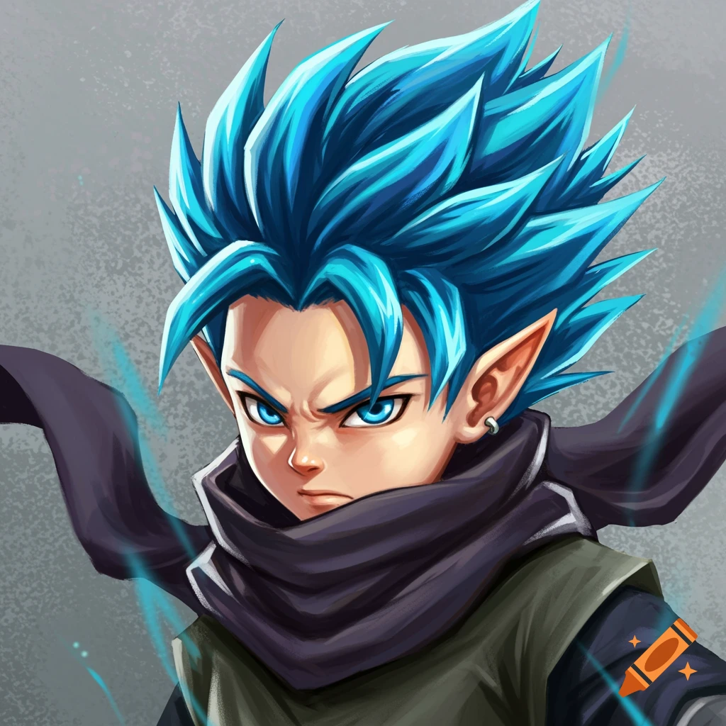 Elven boy with blue Dragon Ball Z hair and ninja scarf, realistic style ...