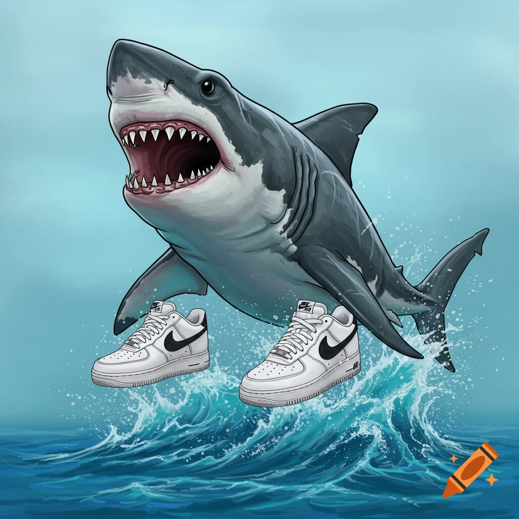 A shark walking on four legs wearing blue Nike shoes. on Craiyon