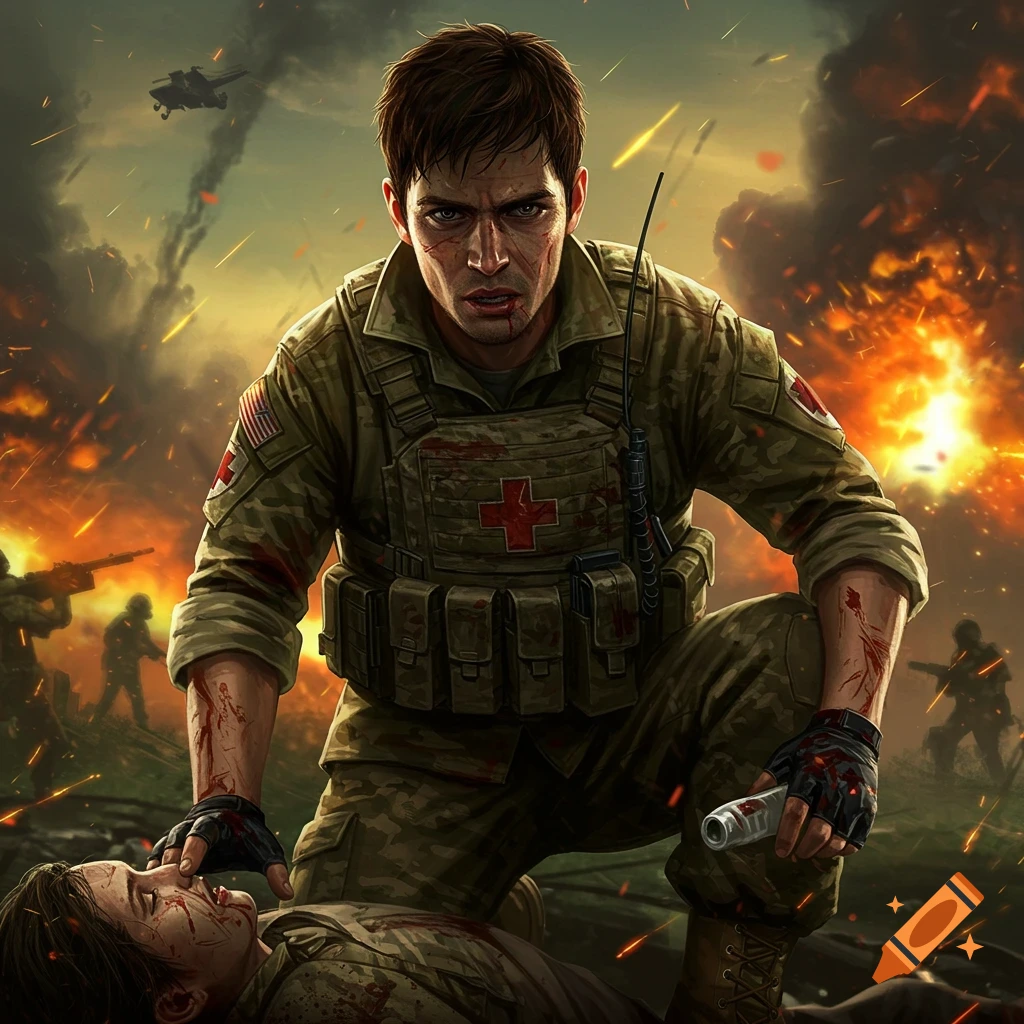 A combat medic tends to an injured person on a battlefield. on Craiyon