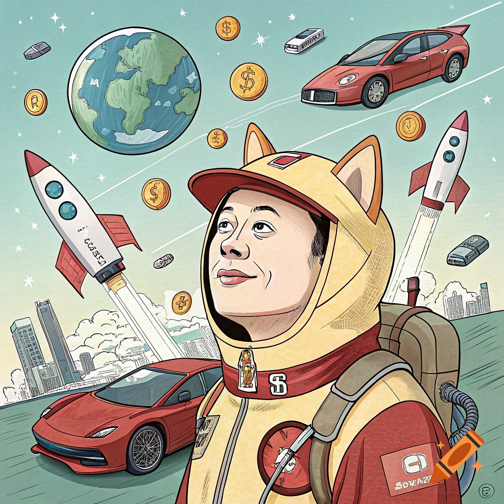 Cartoon illustration of a man in a cat-eared hoodie surrounded by ...