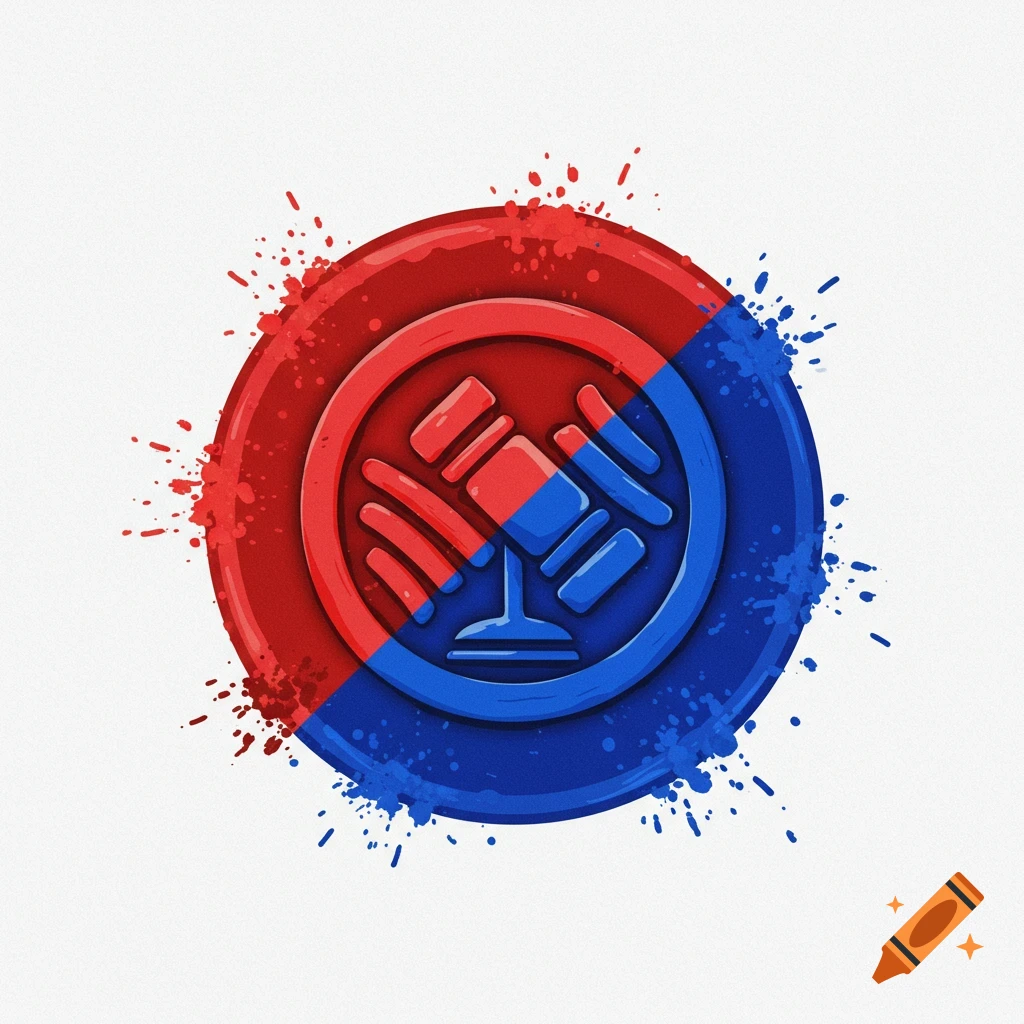A red and blue circular logo with a central abstract design and paint ...