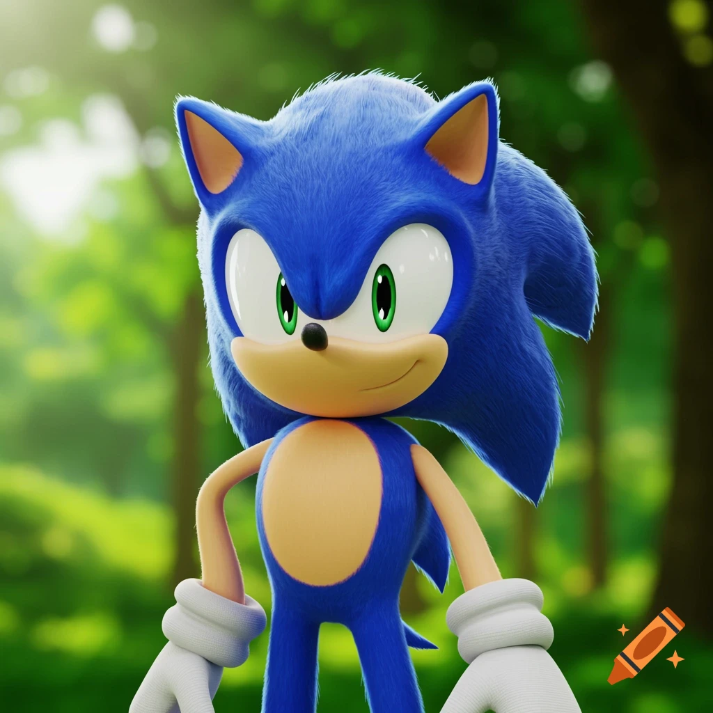 3D render of Sonic the Hedgehog standing in a forest and smiling. on Craiyon