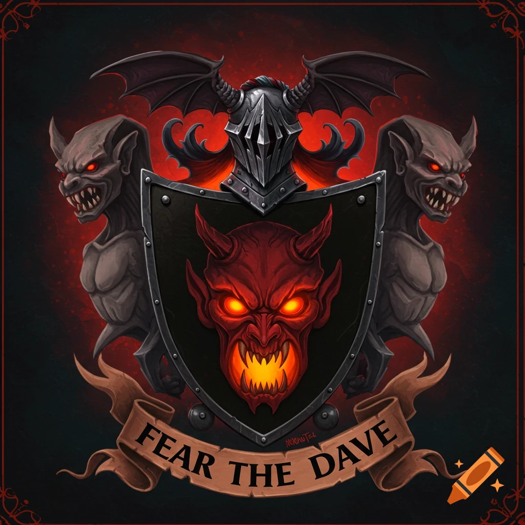 A coat of arms with a red demon head on a shield, flanked by gargoyles ...