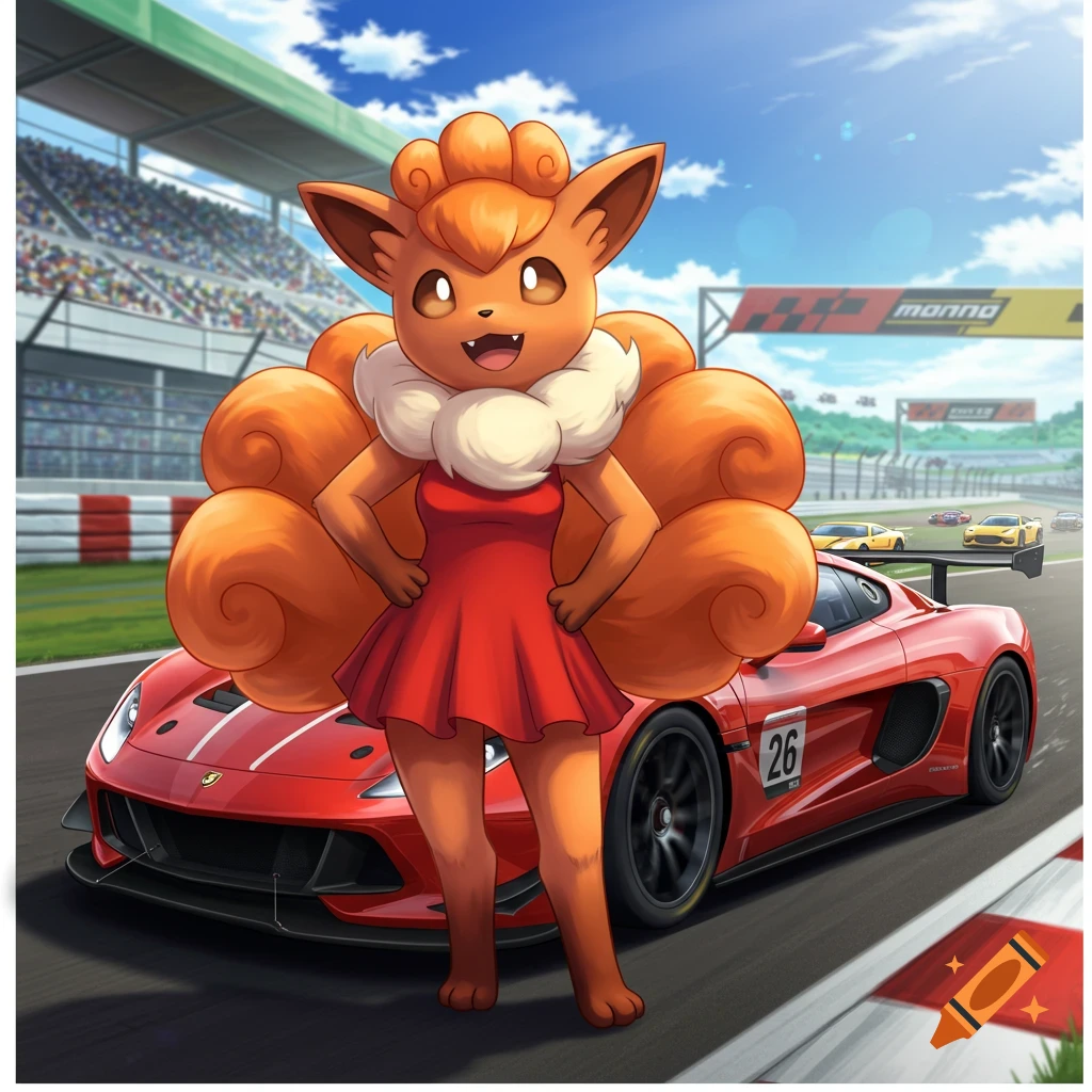 Vulpix in red dress at race track, anime style on Craiyon