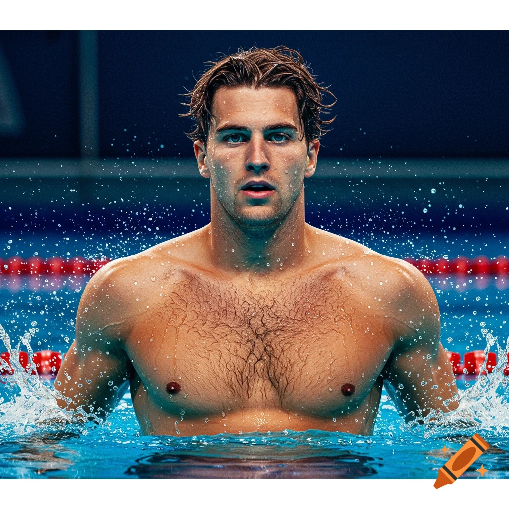 A muscular male swimmer emerges from the water in a pool, water splashing around him. on Craiyon