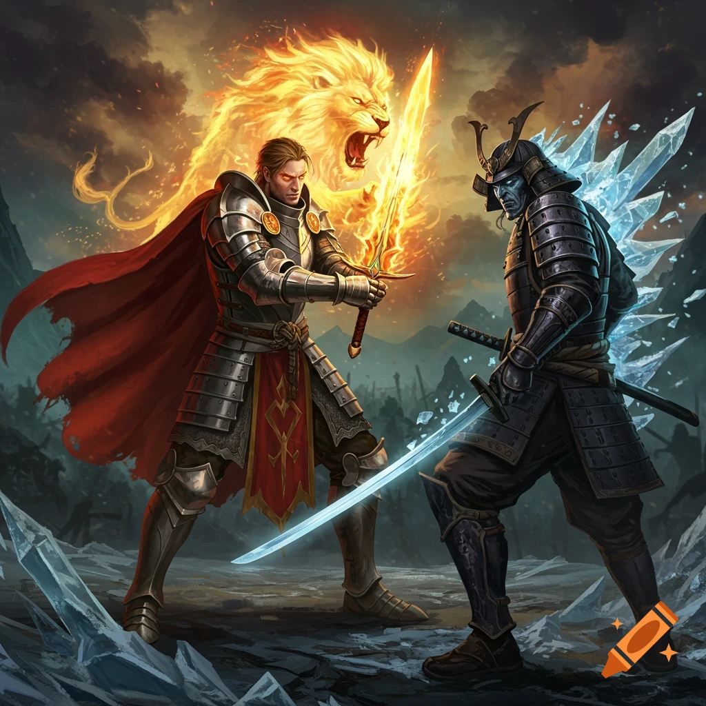 Native American warrior with spear fighting a knight with a sword in a ...