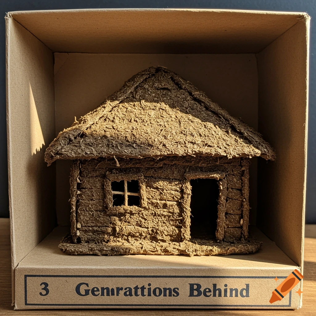 Toy cow dung hut in a box with text "3 generations behind" on Craiyon