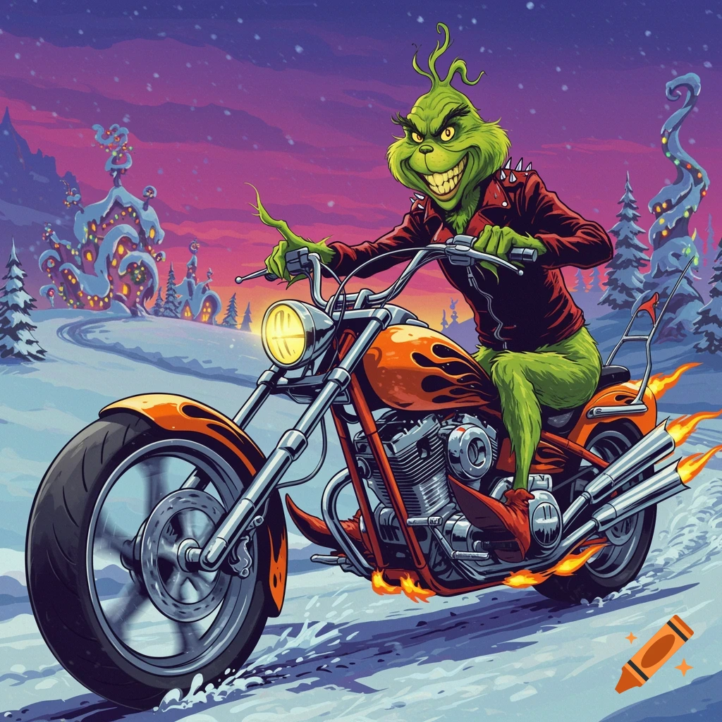Pop art illustration of the Grinch riding a flame-painted motorcycle ...