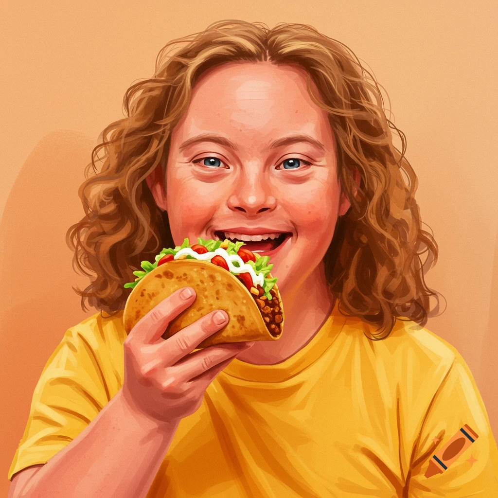 Person with Down syndrome eating a taco on Craiyon