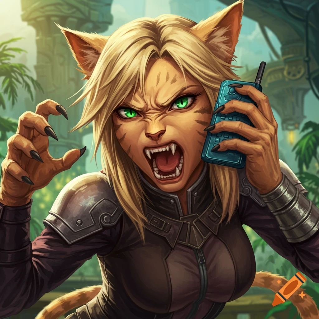 Angry blond cat woman yelling at cellphone, Final Fantasy style on Craiyon