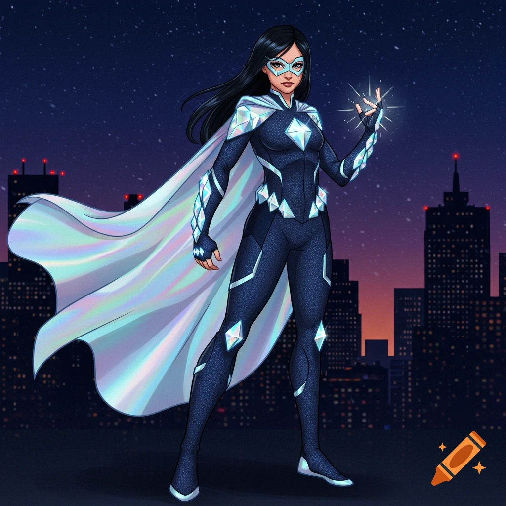 A female superhero in a black and purple web-design suit and dark cape ...