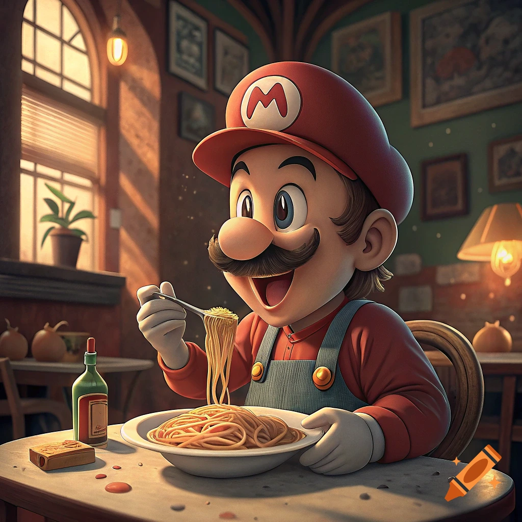 Mario eats spaghetti at a table in a detailed restaurant setting. on ...