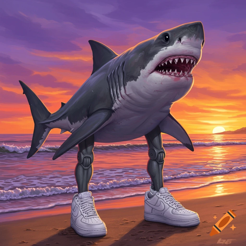A shark with robotic legs and sneakers stands on a beach at sunset. on ...