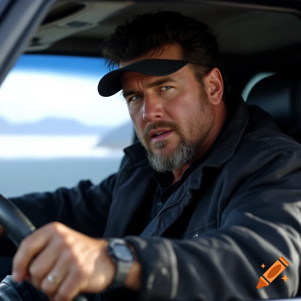 Photorealistic portrait of a man driving a vehicle, looking directly at ...