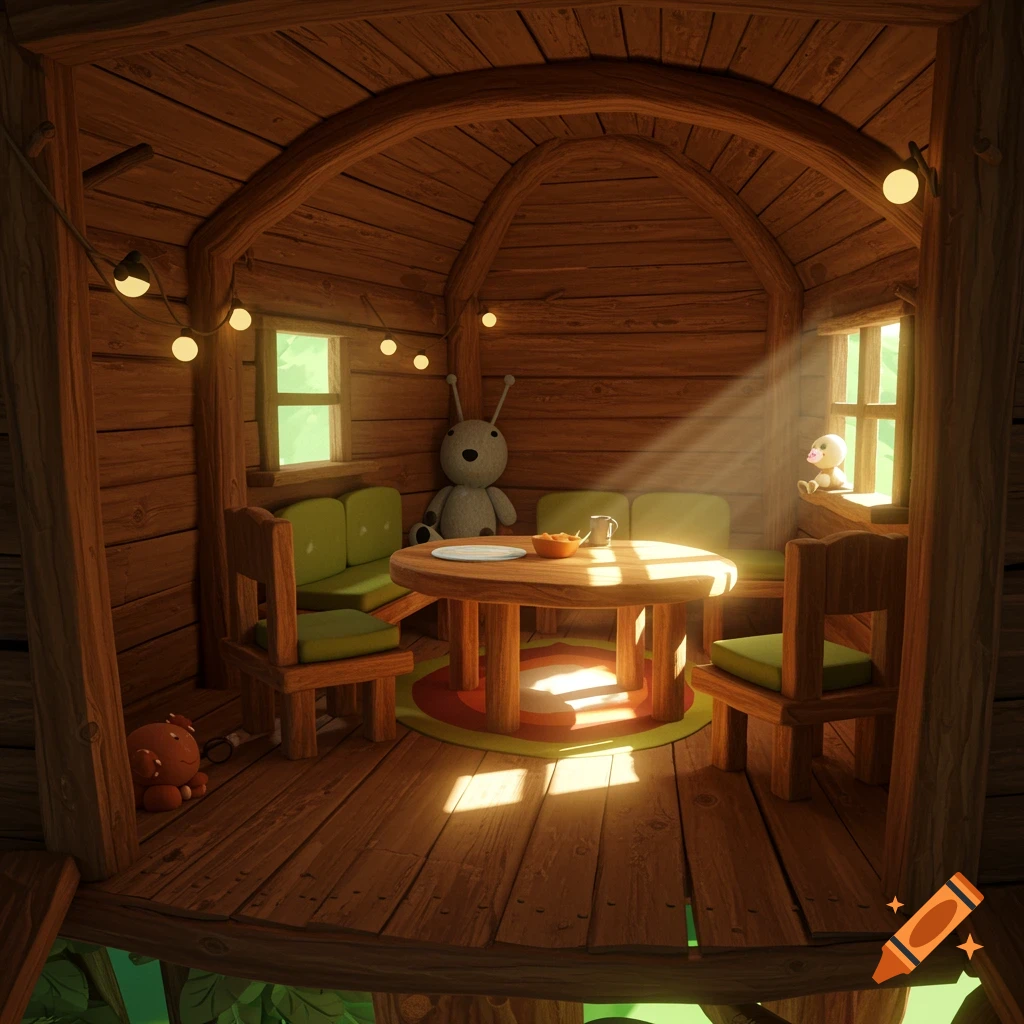Cartoon interior of a cozy wooden treehouse with stuffed animals ...