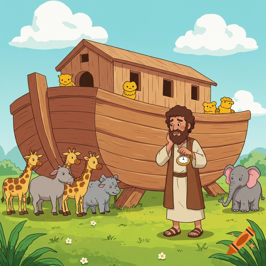 Cartoon of a man with a watch in front of Noah's Ark with giraffes ...