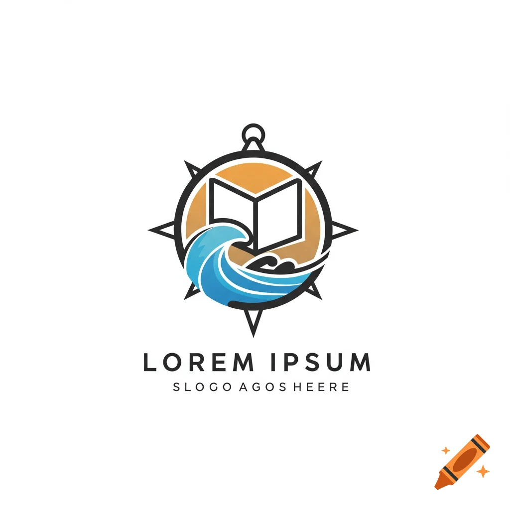 A logo featuring a compass, an open book, and a blue wave, with text ...