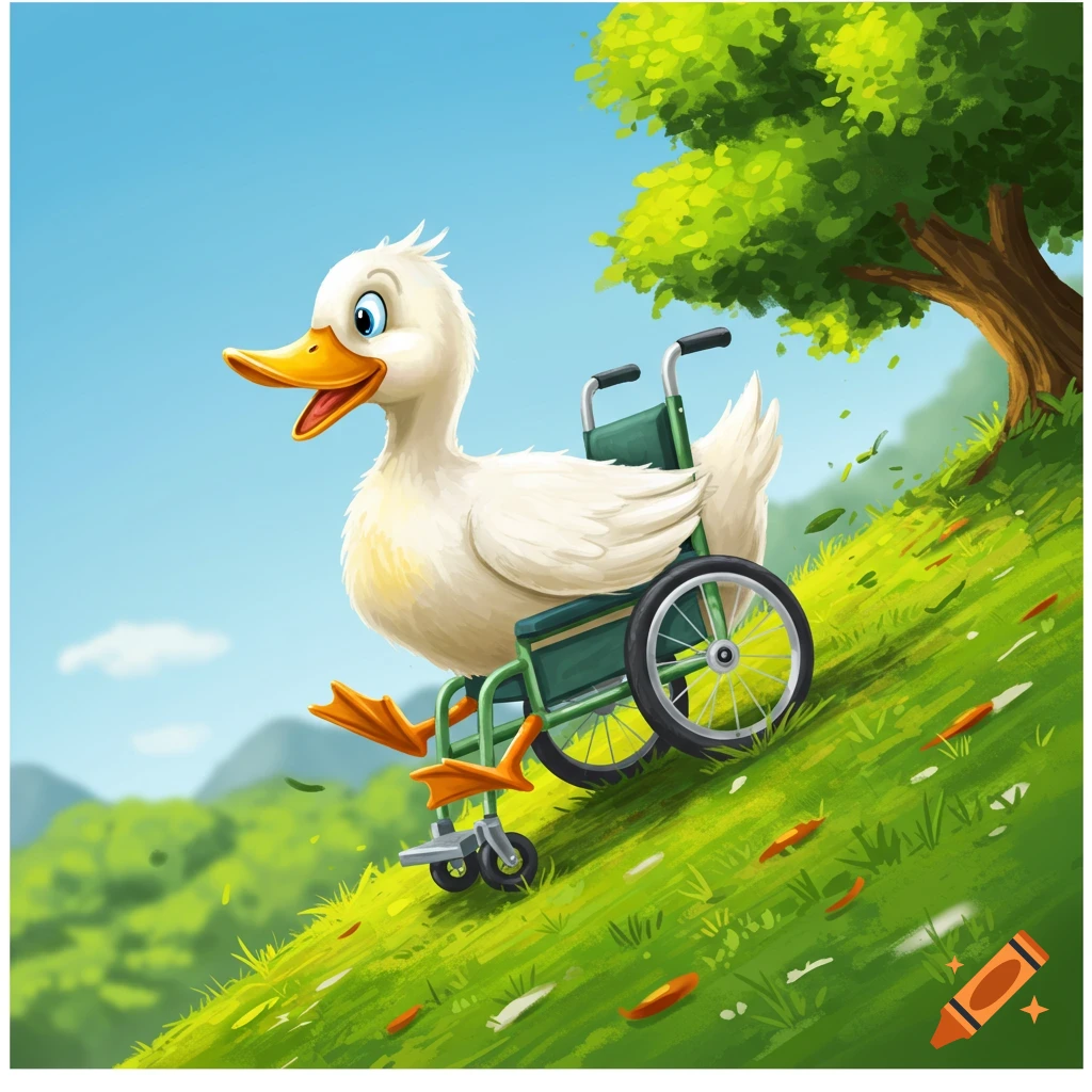A cartoon duck in a wheelchair rolls downhill on a grassy hill. The ...