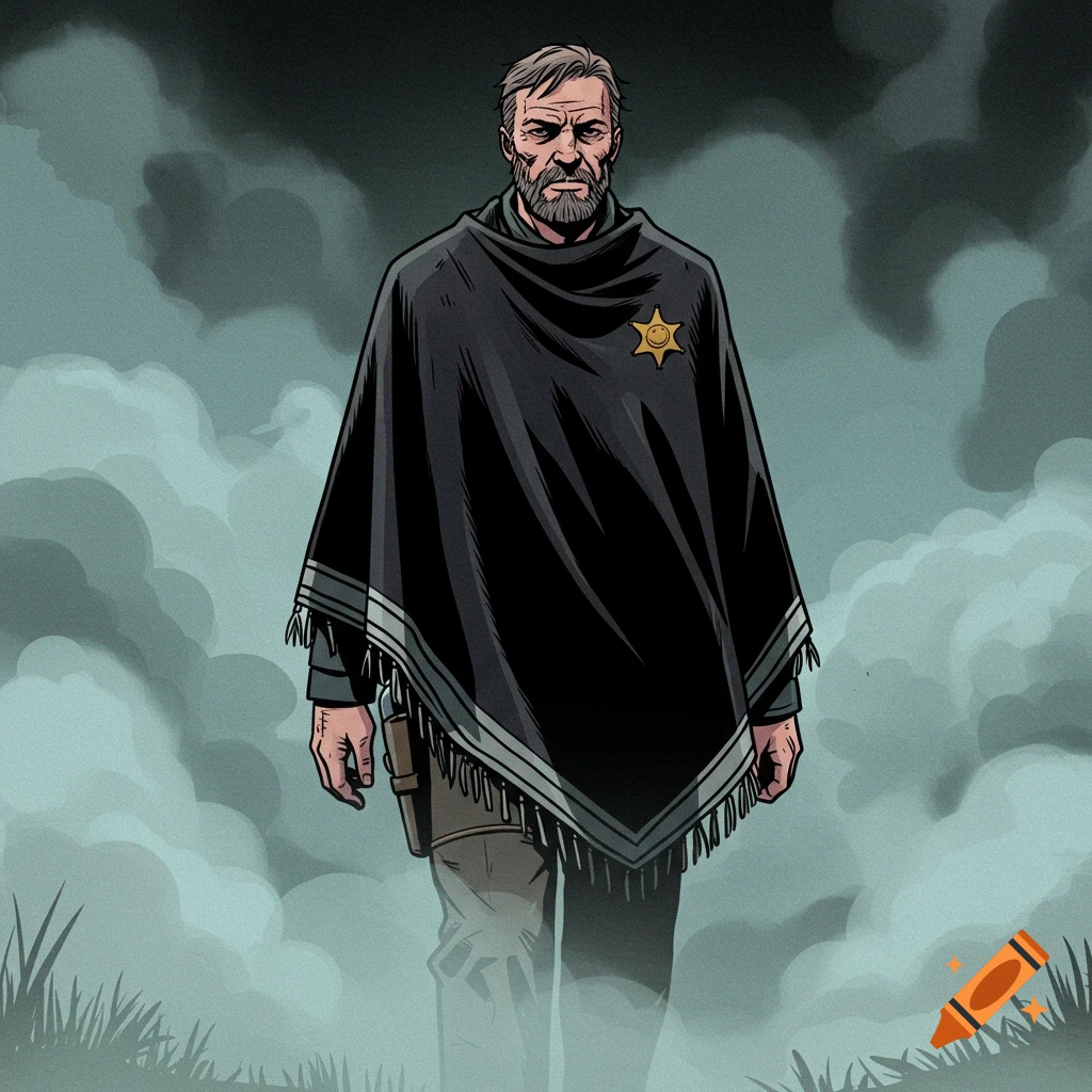 Sheriff in black poncho walking through mist, comic book style on Craiyon