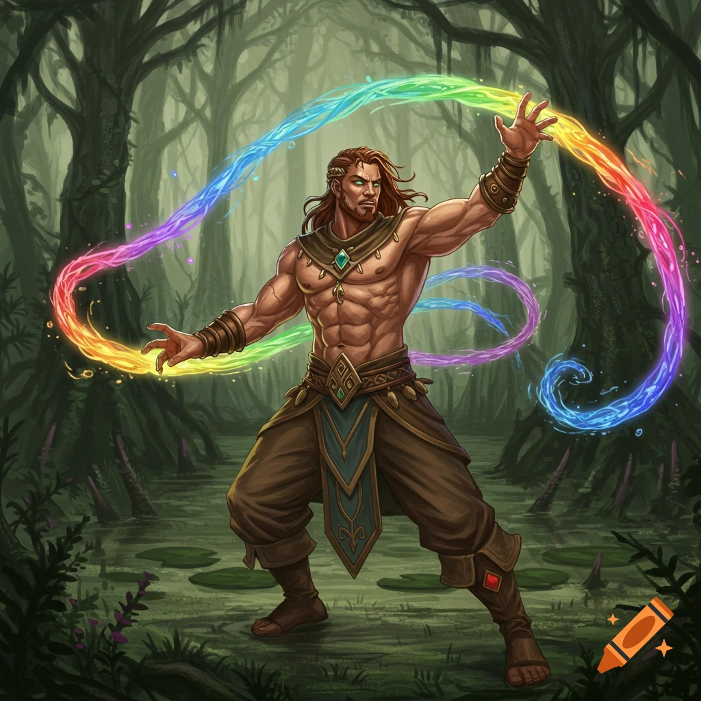 Anime-style muscular male mage casting rainbow magic vines in mystical ...