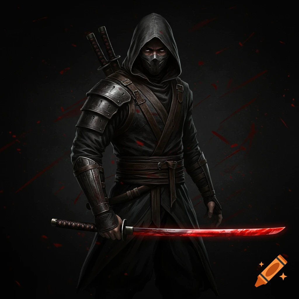 Dark ninja with leather armor and red katana on Craiyon