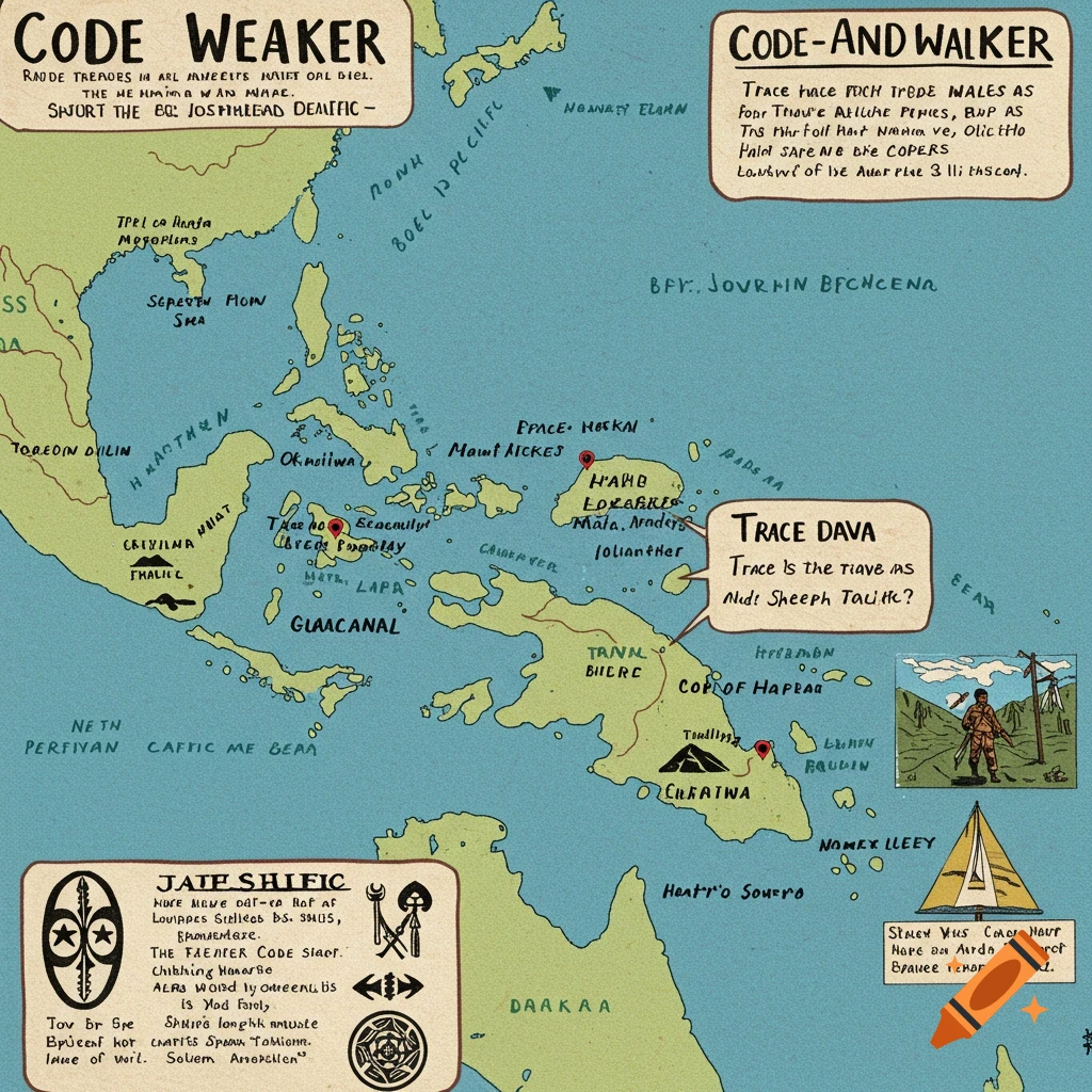 Map of Ned's travels as a code talker with symbols for events on Craiyon