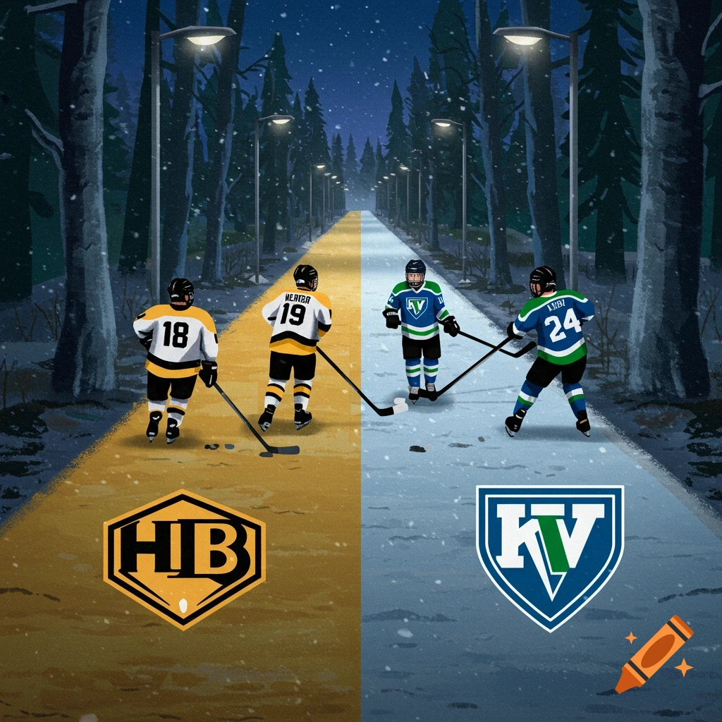 Outdoor ice hockey rink with HB and KV logo teams on Craiyon