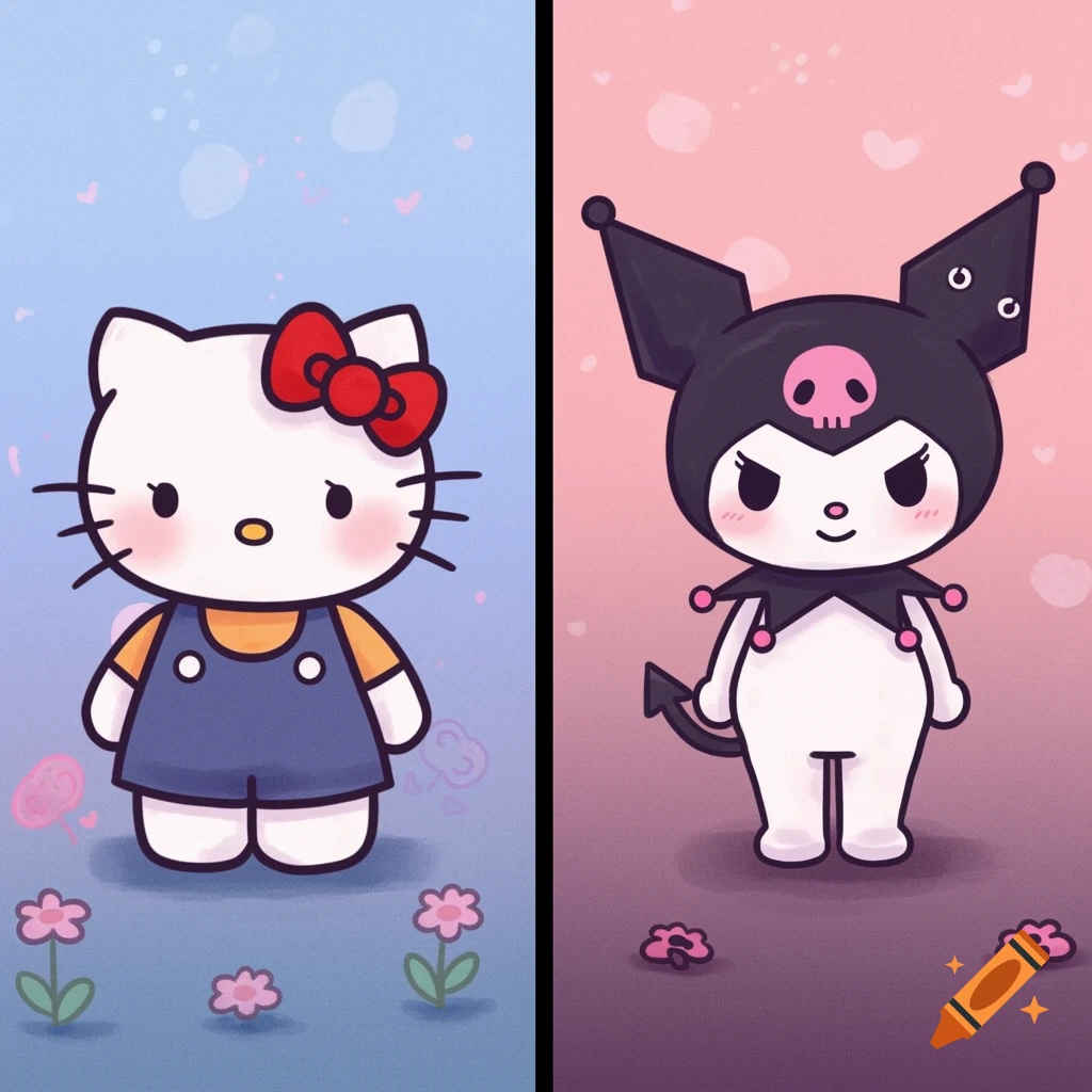 Hello Kitty and Kuromi are standing side-by-side against gradient ...