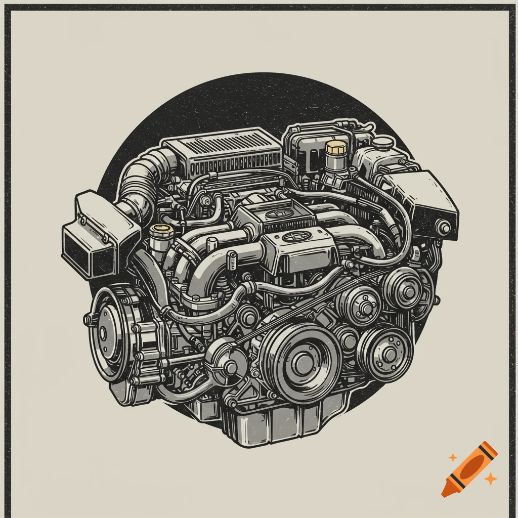 A black and white graphic illustration of a Subaru flat 4 engine. on ...