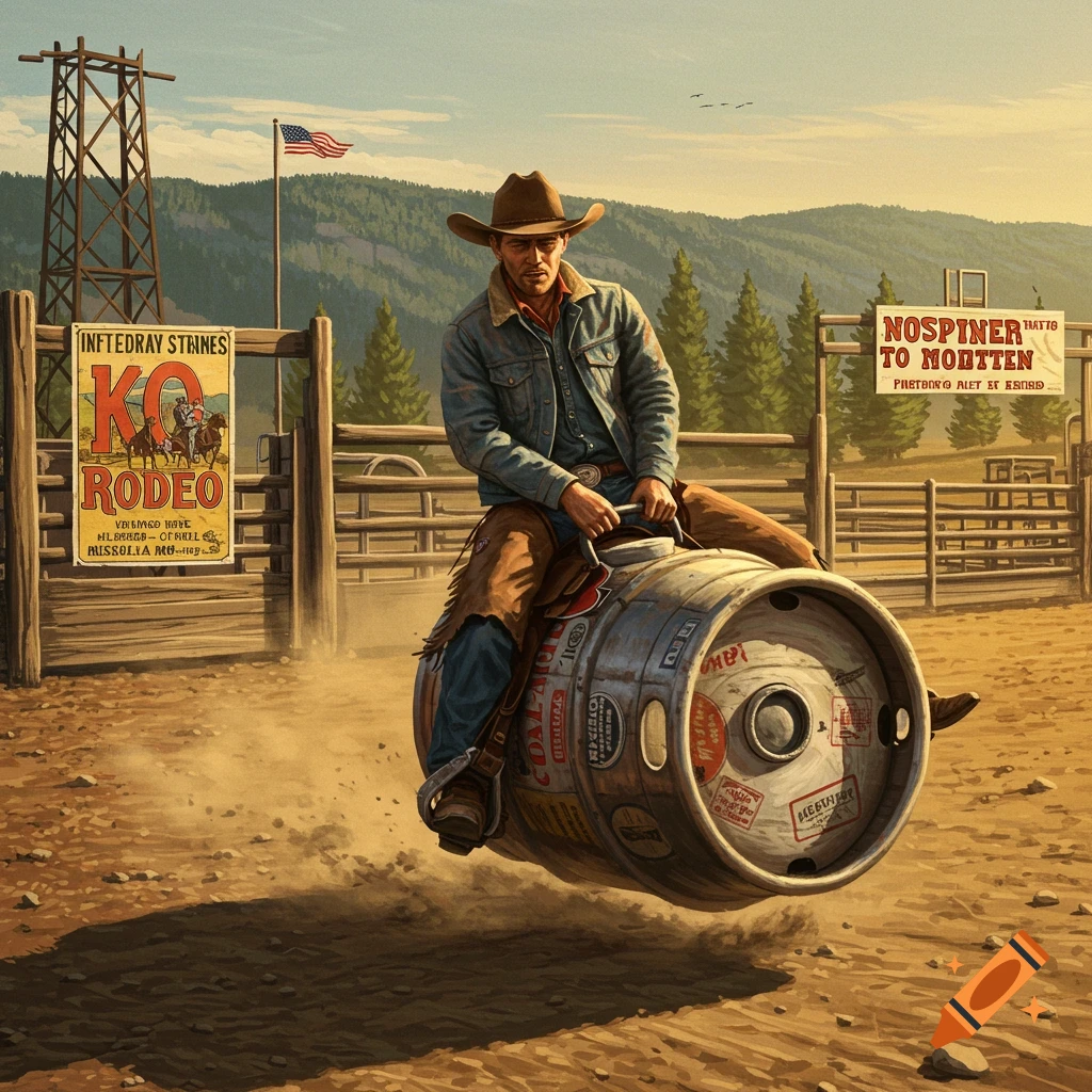 Cowboy riding beer keg at KO Rodeo, Missoula, Montana, vintage style on ...