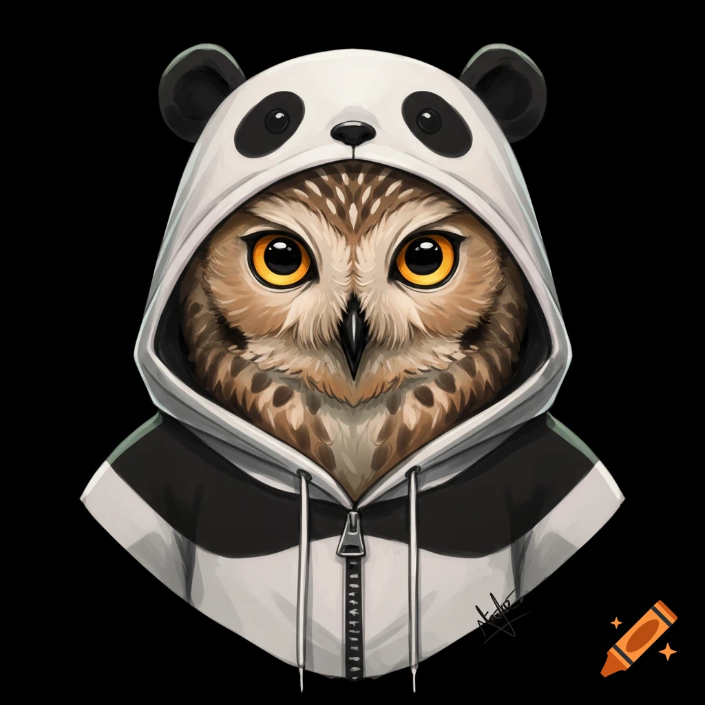 An owl wearing a panda hoodie. on Craiyon