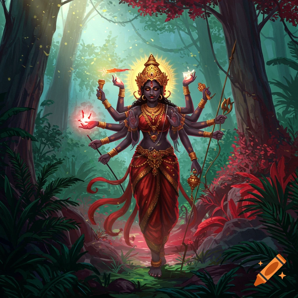 A dark-skinned Hindu deity with multiple arms, adorned in gold and red ...
