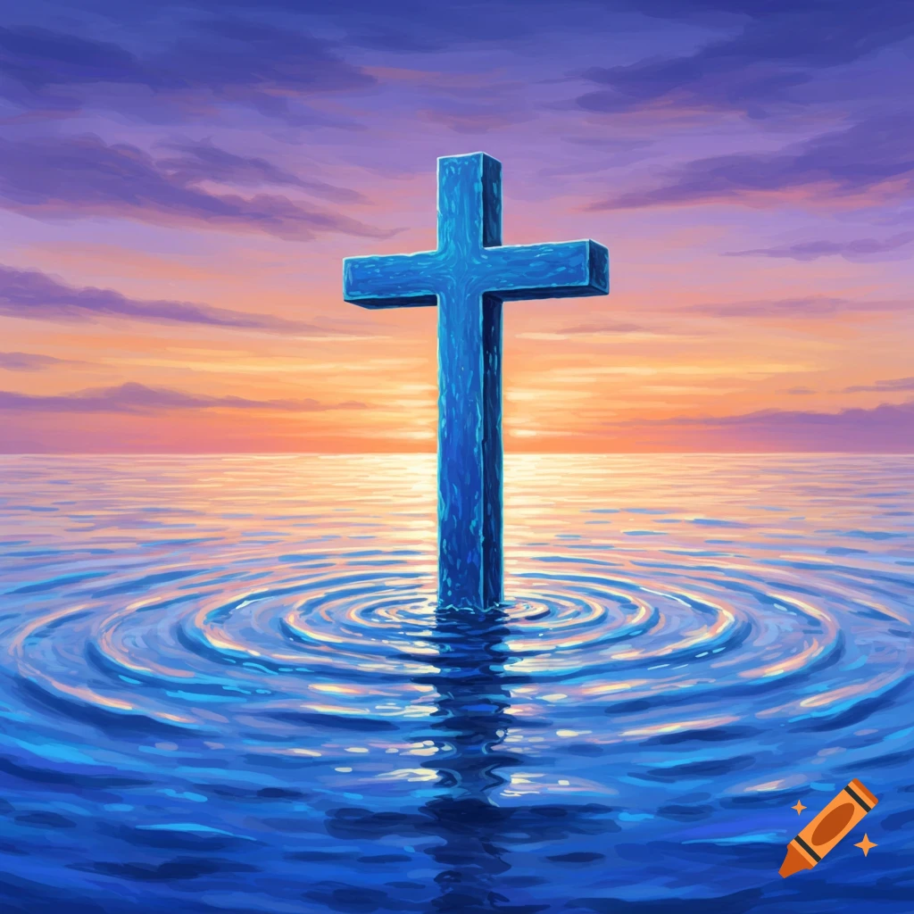 A wooden cross stands on a sandy beach at sunset with the ocean in the ...