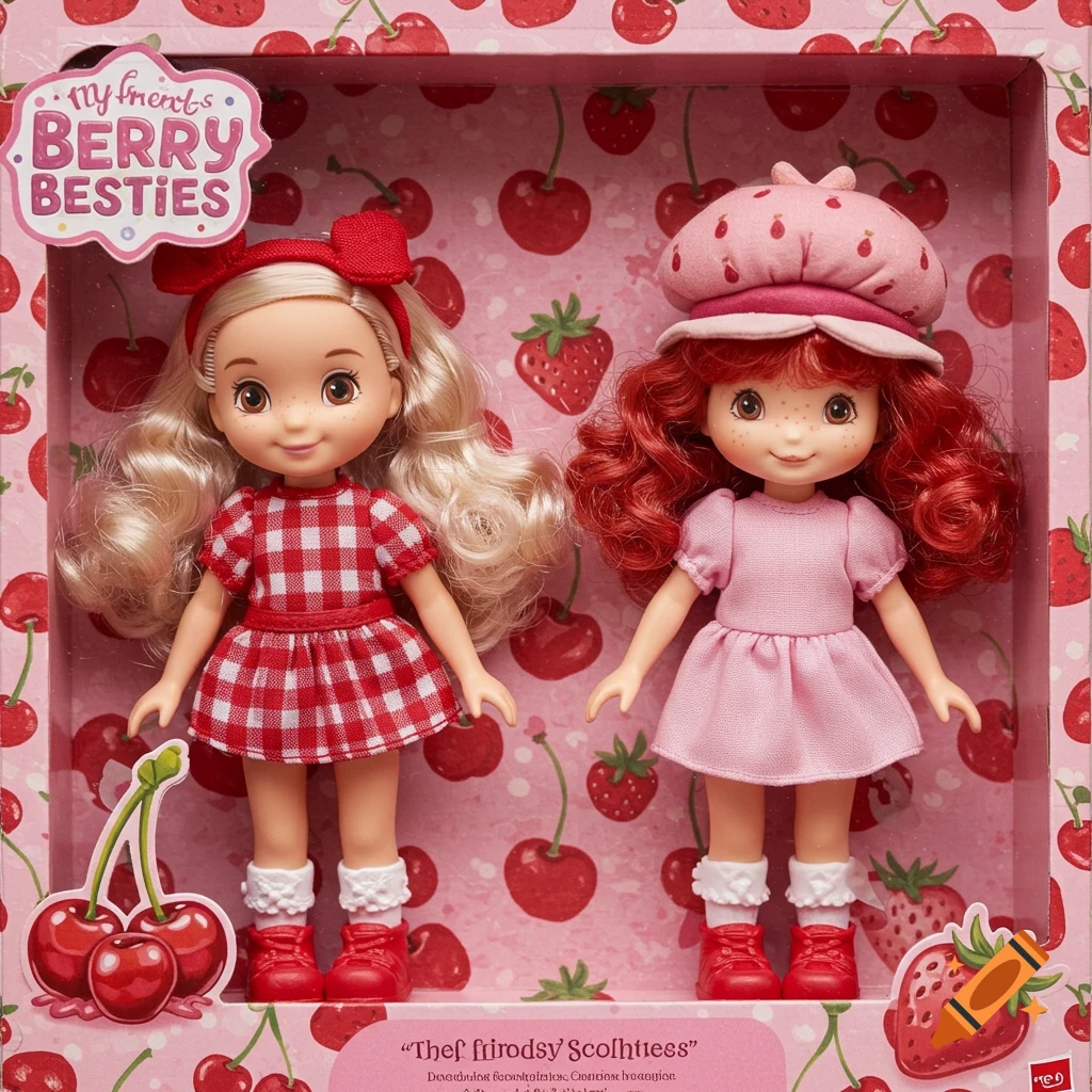 Friends as dolls in a box of cherry jam and strawberry shortcake with ...