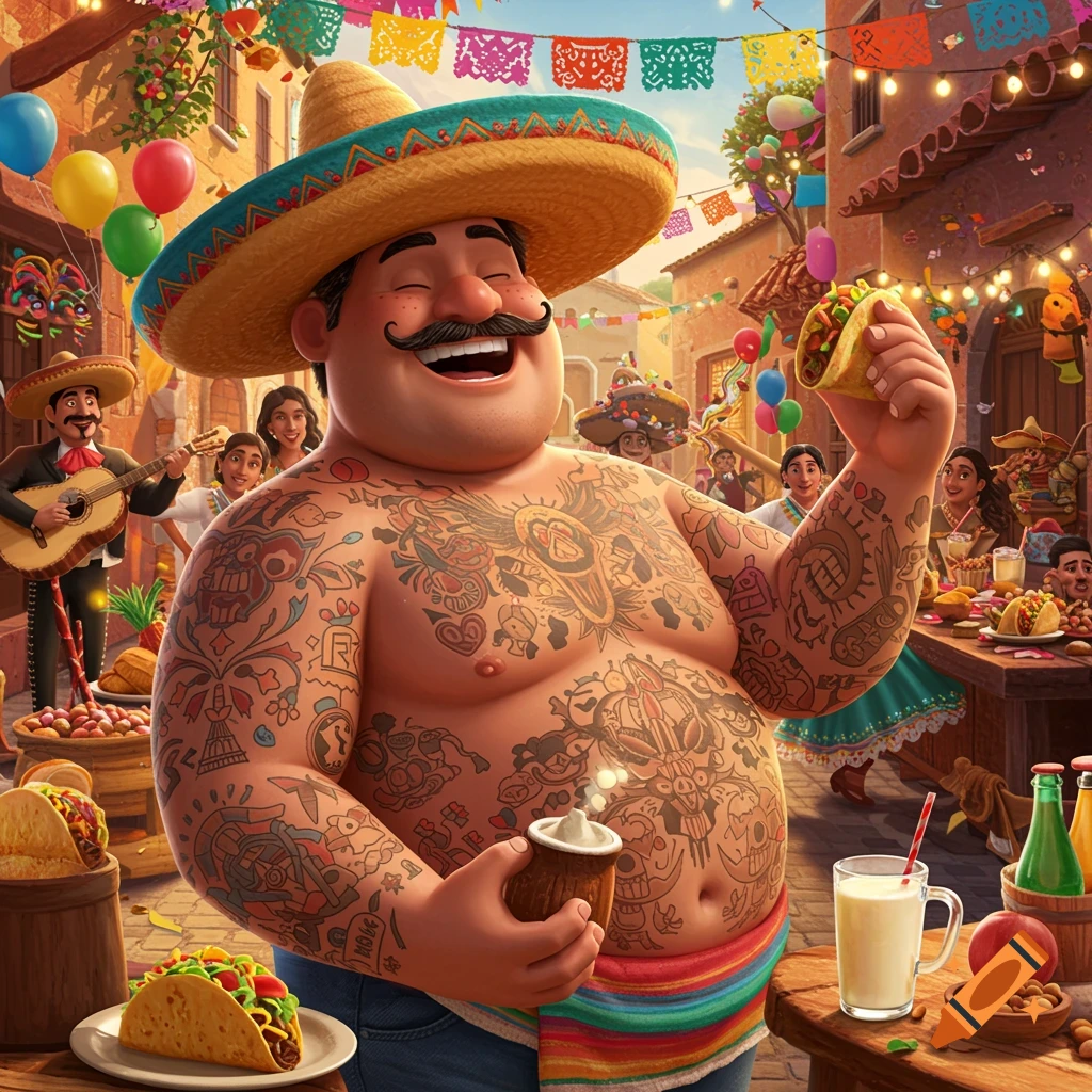 Fat Mexican cartoon character with tattoos at a fiesta on Craiyon