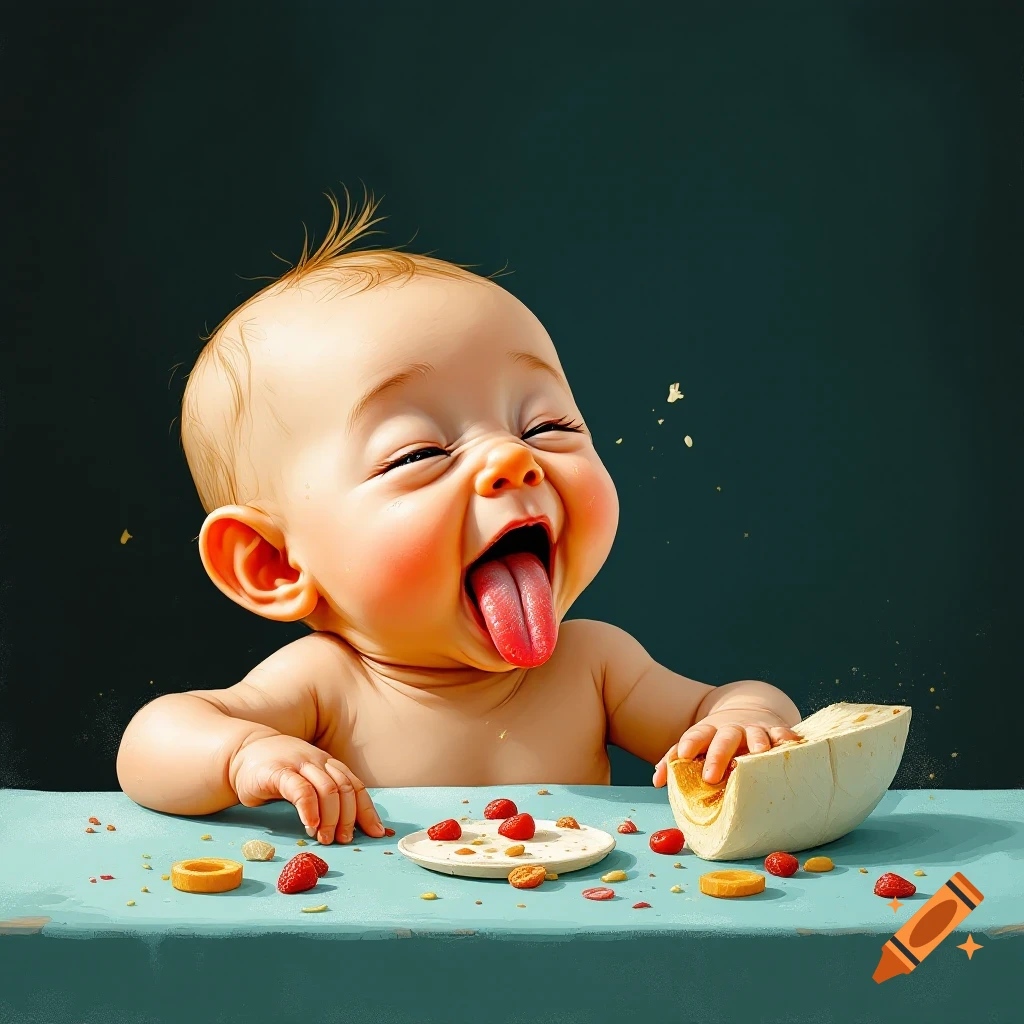 Baby pushing food out of mouth, illustration in the style of Michelle ...