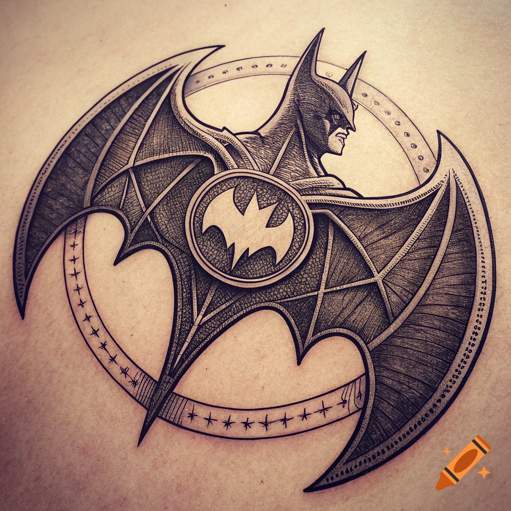 Detailed black and grey illustration of Batman symbol tattoo design on ...