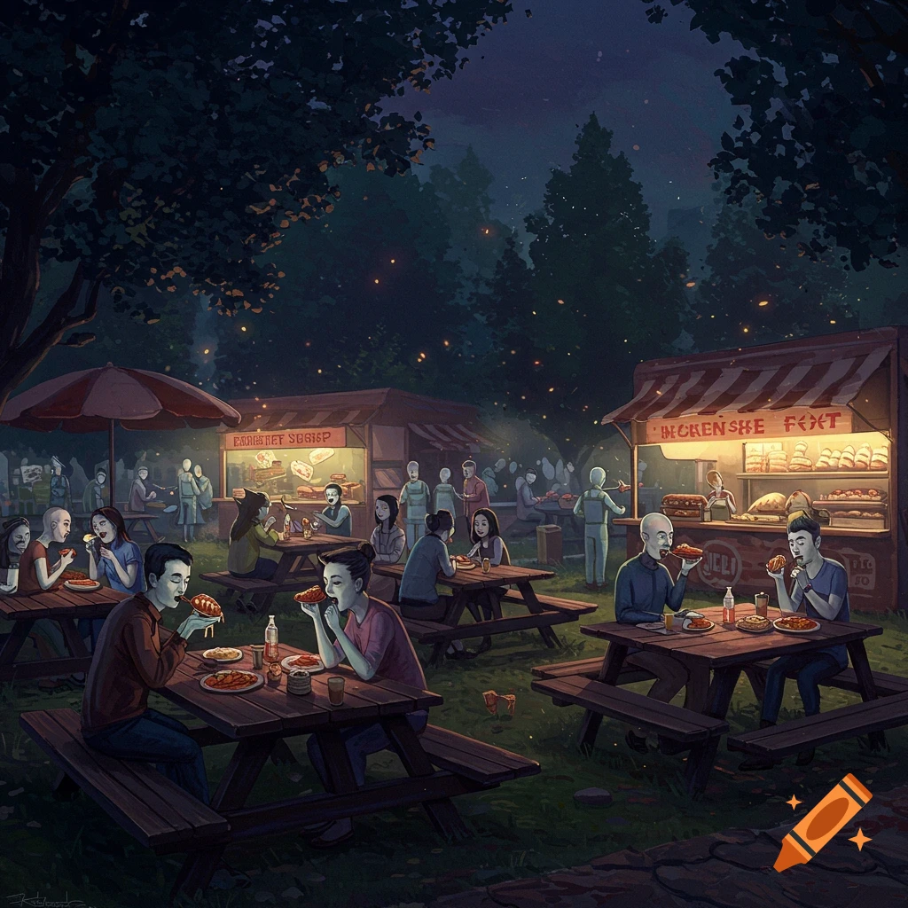Afterlife park with picnic tables, food stands, people eating, dark but ...