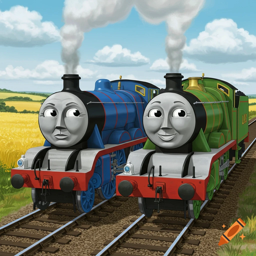 Two anthropomorphic blue and green steam trains on tracks in a field ...