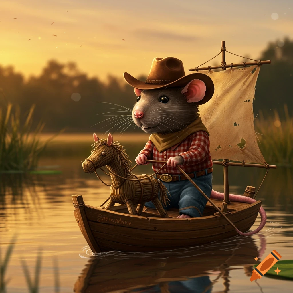Cartoon mouse wearing a captain's hat waves from a rowboat on a river ...