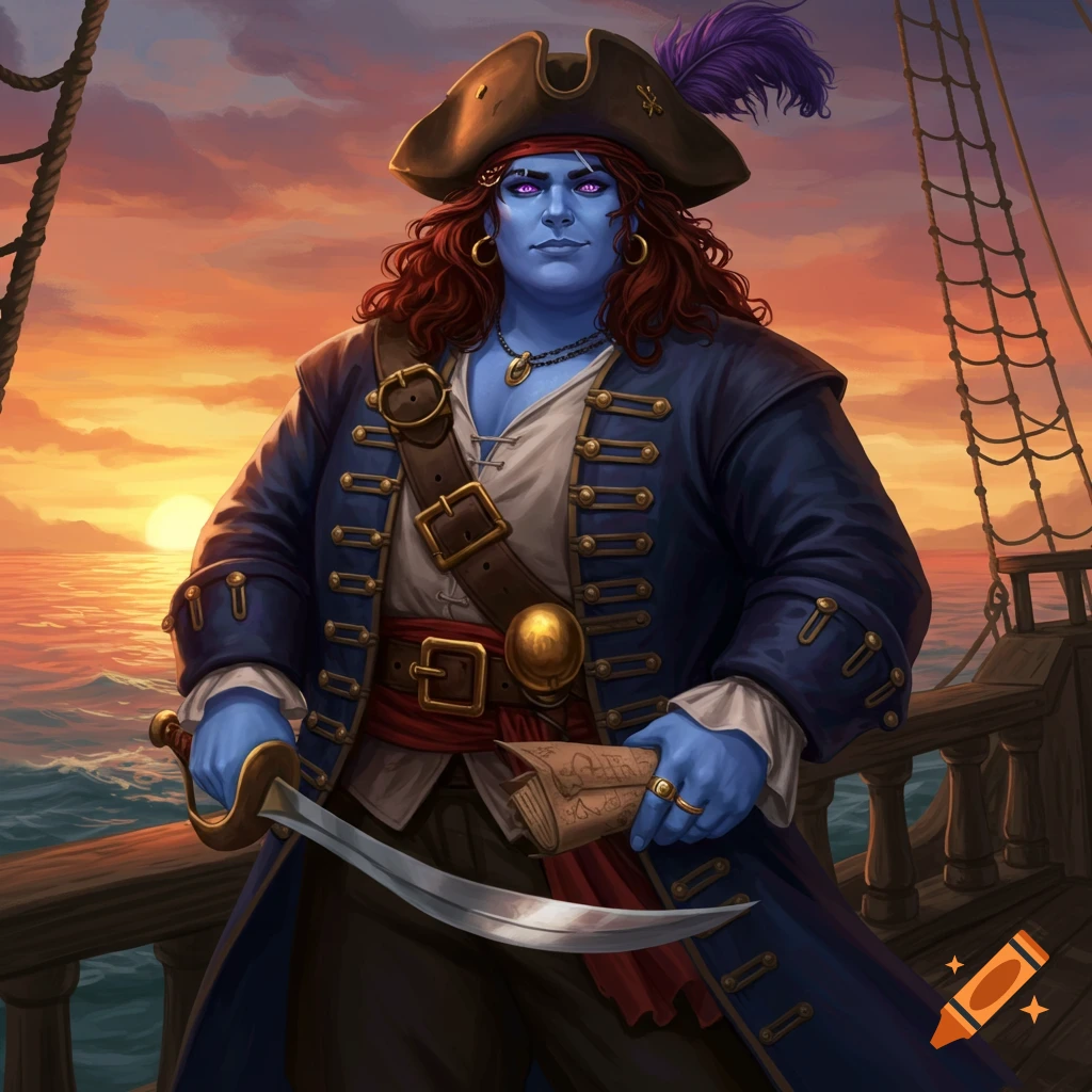 Seafaring explorer with blue skin and purple eyes on Craiyon