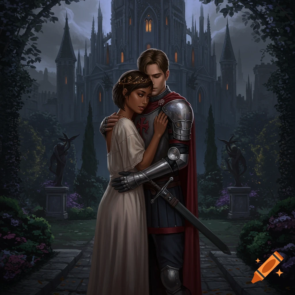 A princess and knight embrace in a dark fantasy castle garden. on Craiyon