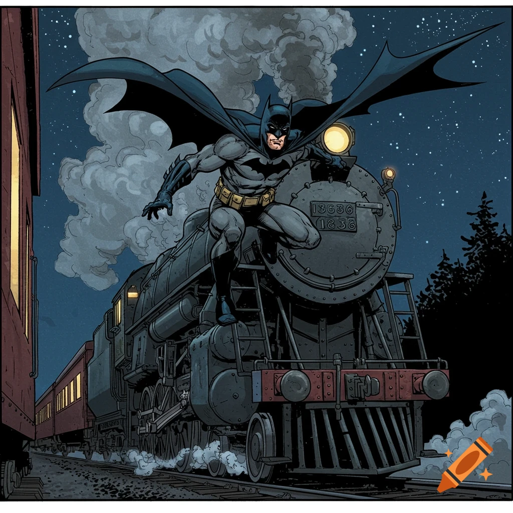 Batman and Robin playing golf on a course at sunset, comic book art ...