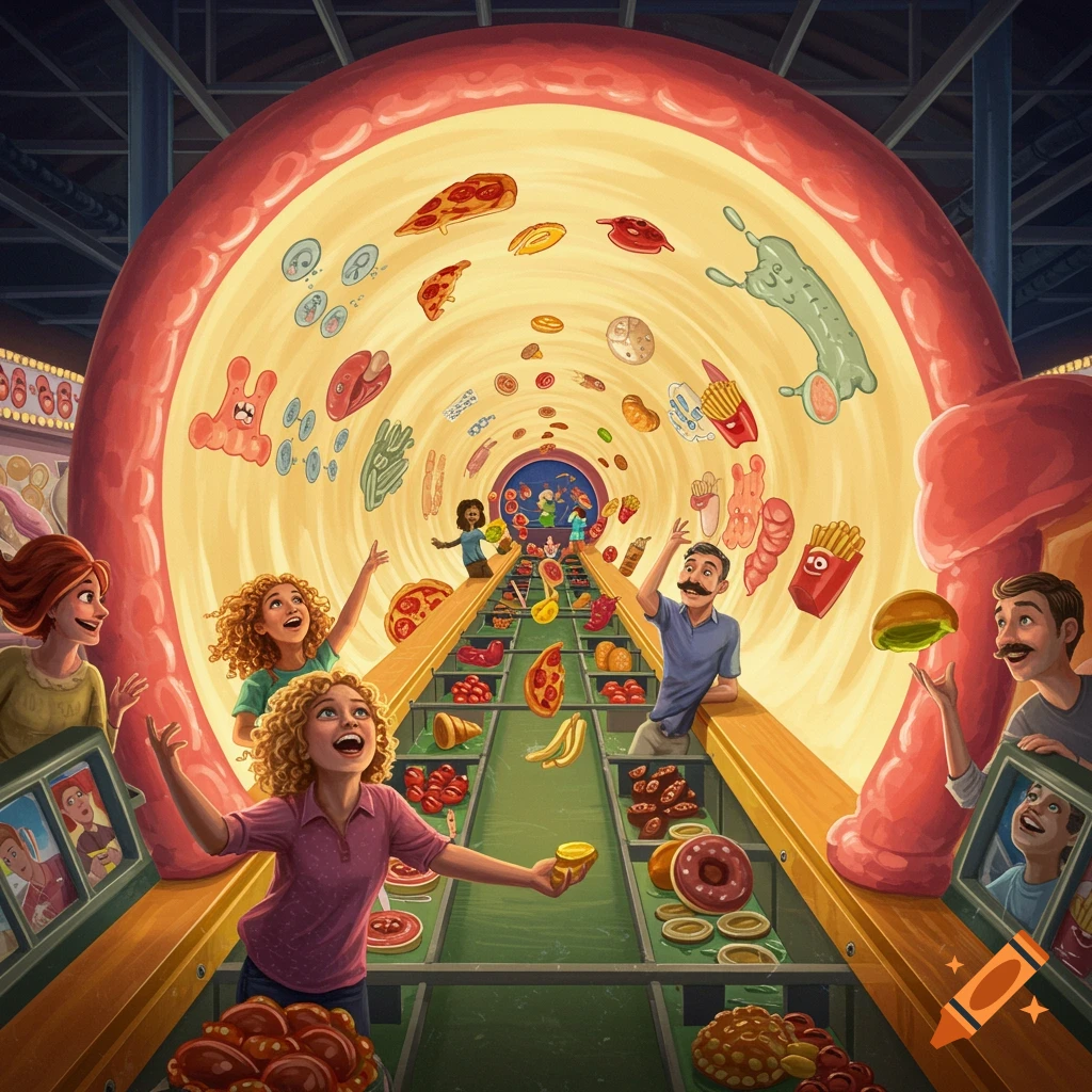 People playing a food-tossing game in a whimsical esophagus-themed ...